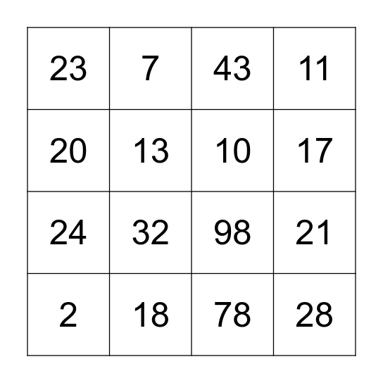 Numbers 1-99 Bingo Card