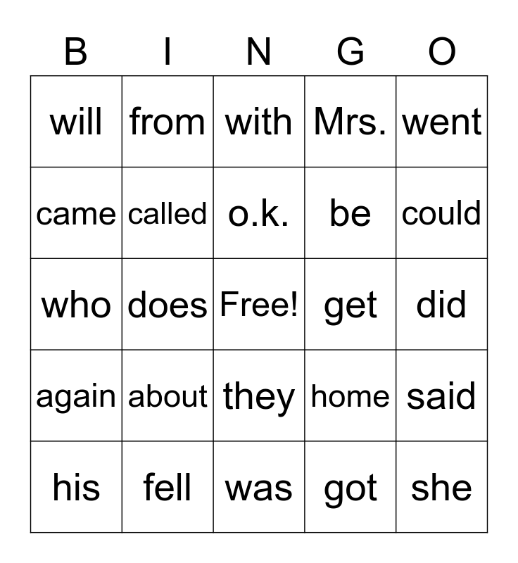 Irregular Words Bingo Card