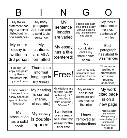 Final Informational Essay Bingo Card