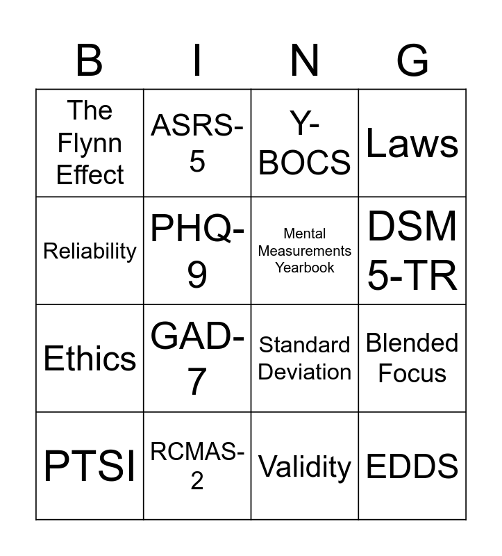 Assessments Final Self-Evaluation Bingo Card
