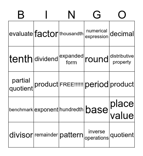 Lexi's Matho Board Bingo Card