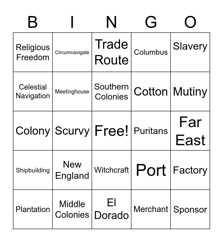 13 Colonies & Exploration Vocab Bingo Card