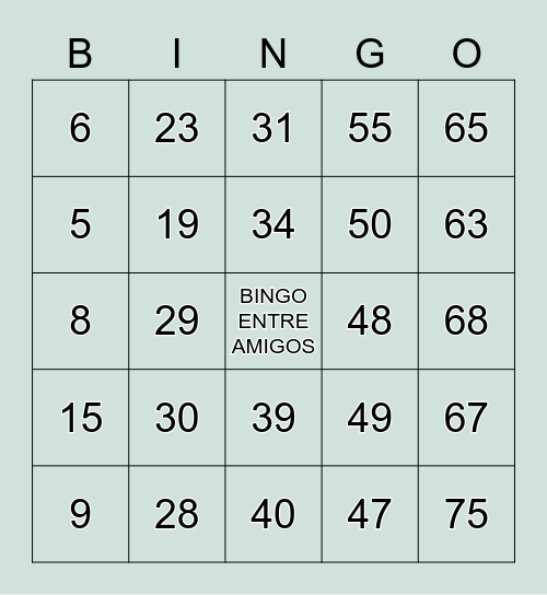 Number Bingo 1-75 Bingo Card