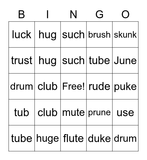 Short U vs. Long U Bingo Card