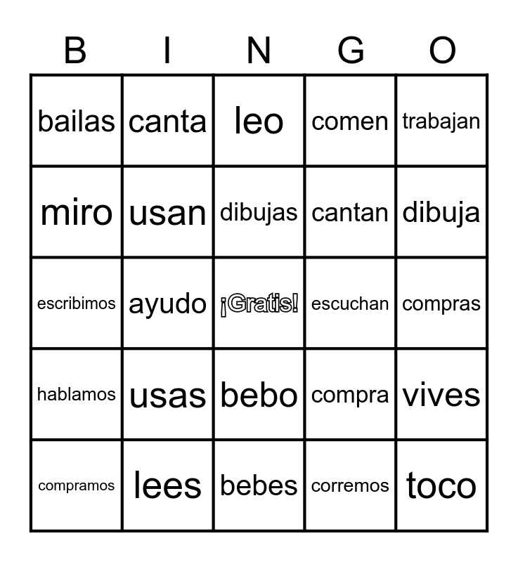 AR, ER, IR Verbs Bingo Card