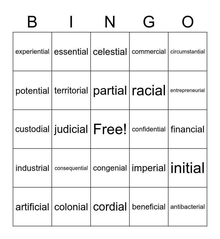 -tial and -cial suffix Bingo Card