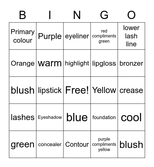 Makeup/Colour Theory Bingo Card
