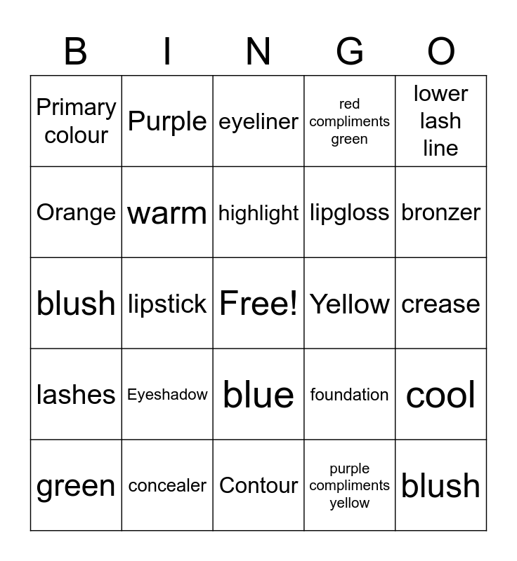Makeup/Colour Theory Bingo Card