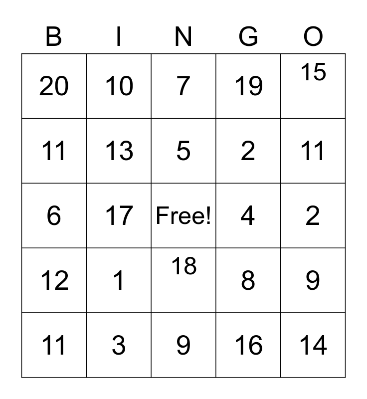 Number 1-20 Bingo Card