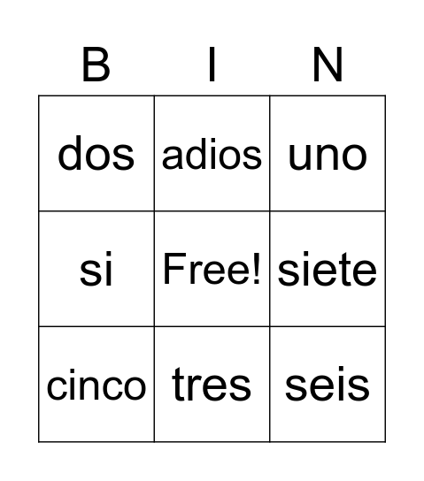 Spanish Bingo Card