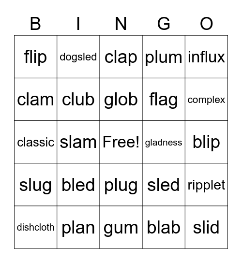 Two-Consonant Beginning L Blends Bingo Card