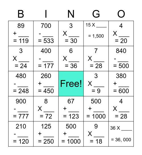 Math Bingo Card