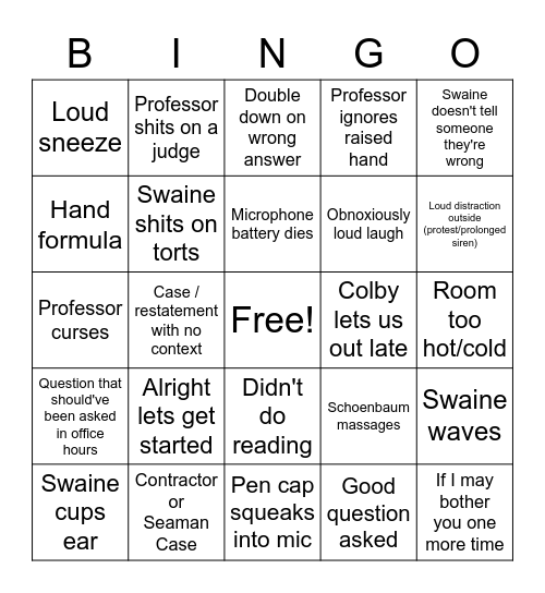Thursday Bingo Card
