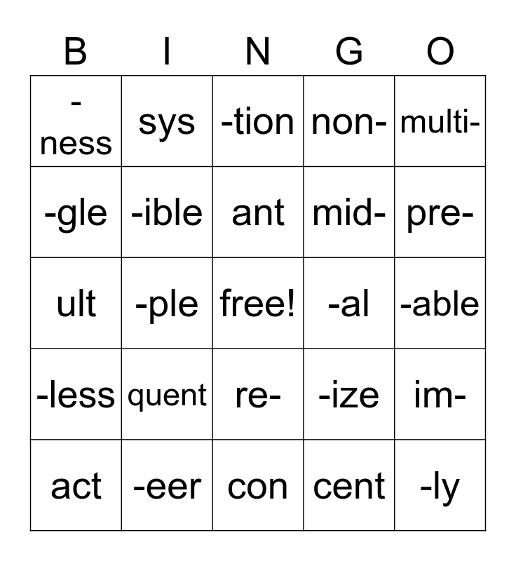 Sight Syllables Bingo Card