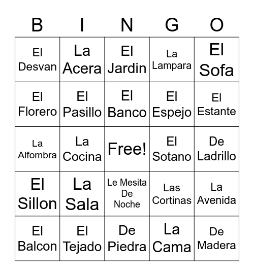 Unit 2 Spanish Vocab Bingo Card