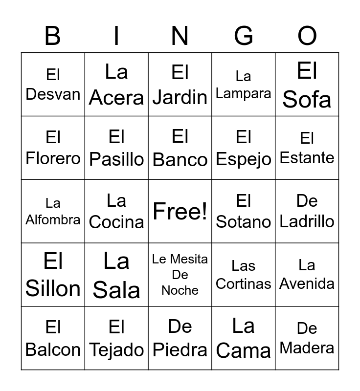 Unit 2 Spanish Vocab Bingo Card