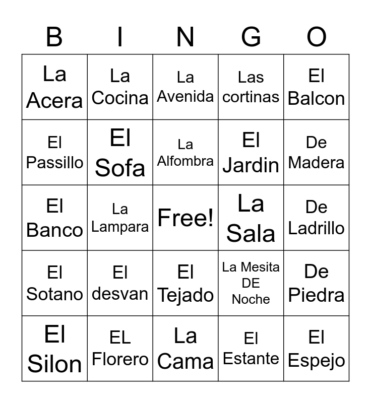 Unit 2 Spanish Vocab Bingo Card