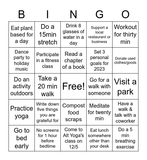 BC Winter Wellness Bingo Card
