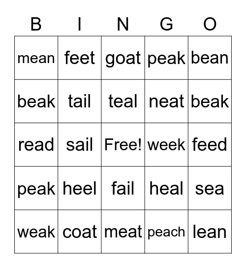 Double Vowels Bingo Card