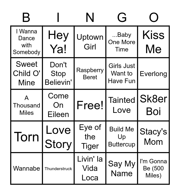  80s 90s And 2000s Music Bingo Card