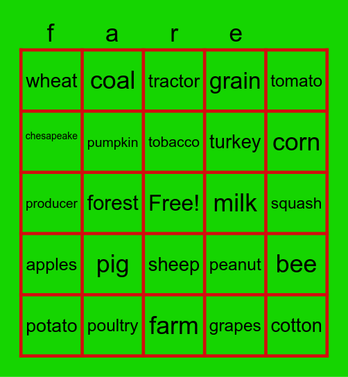 farmer Bingo Card