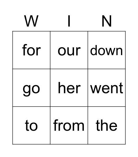 High Frequency Word Bingo Card