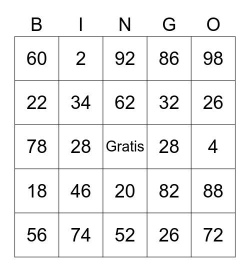 NUMBERS IN SPANISH BINGO Card