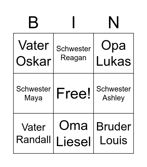 die Familie Bingo Card