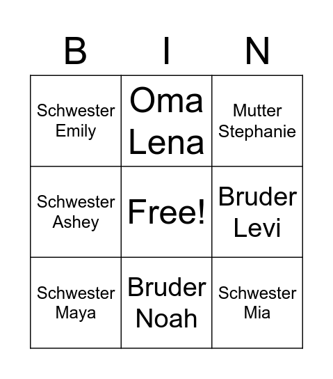 die Familie Bingo Card