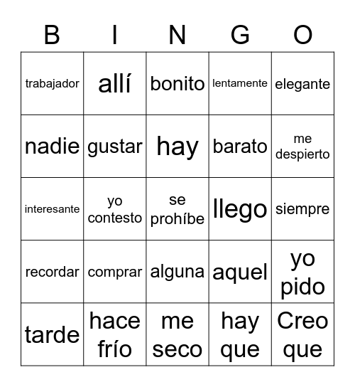 los opuestos Bingo Card