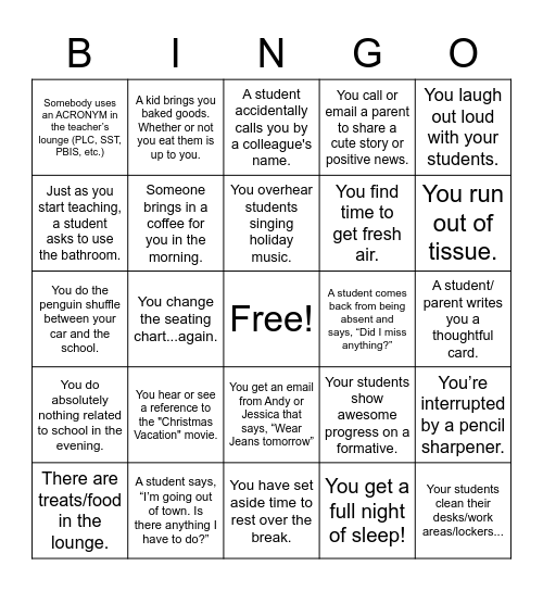 Teaching During the Holidays Bingo Board Bingo Card