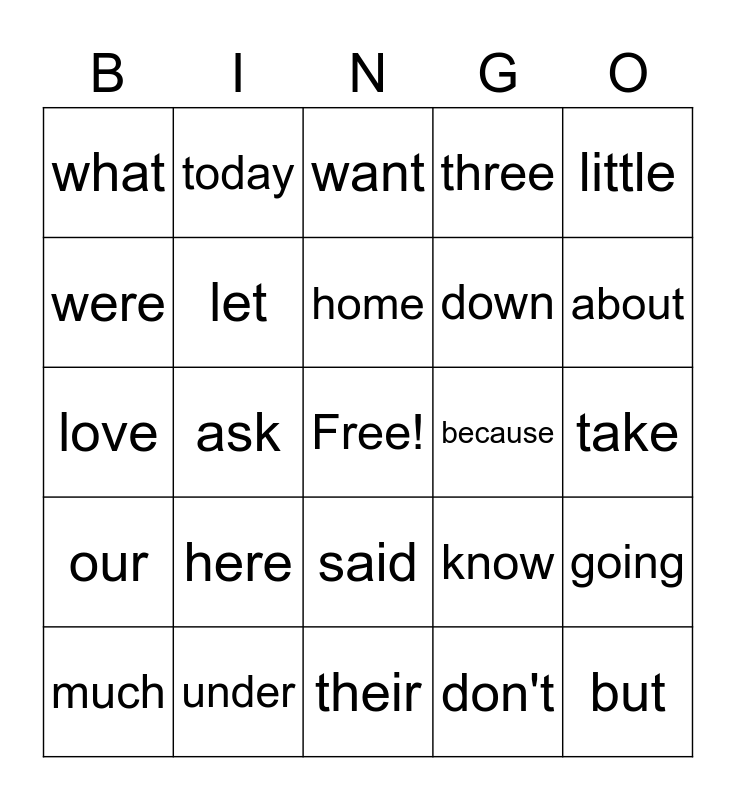 Snappy Word Bingo Card