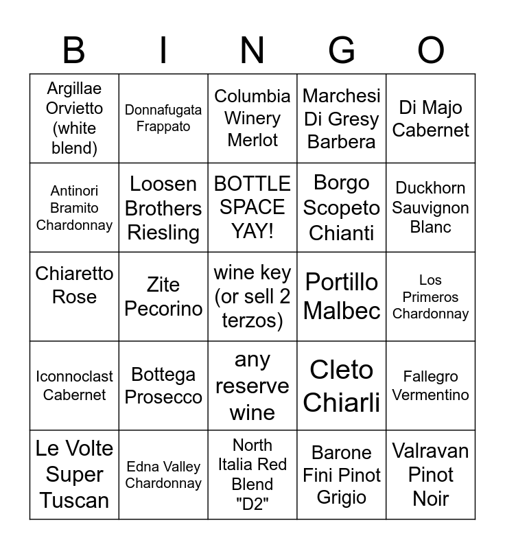 BY THE GLASS BINGO Card
