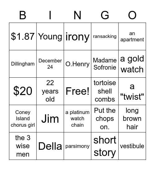 The Gift of the Magi Bingo Card