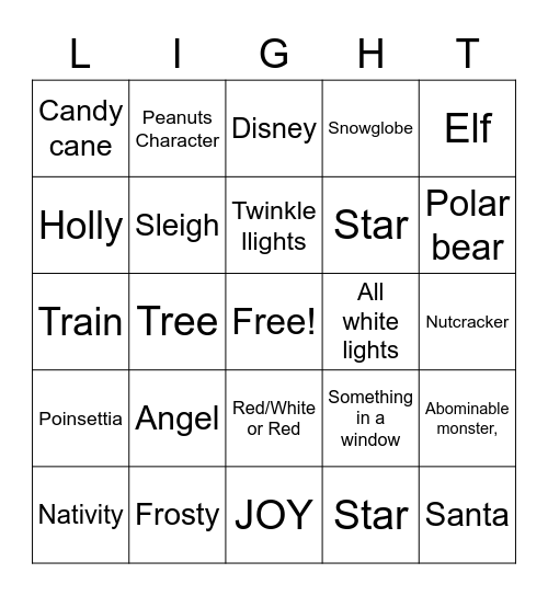 Christmas Light Bingo Card