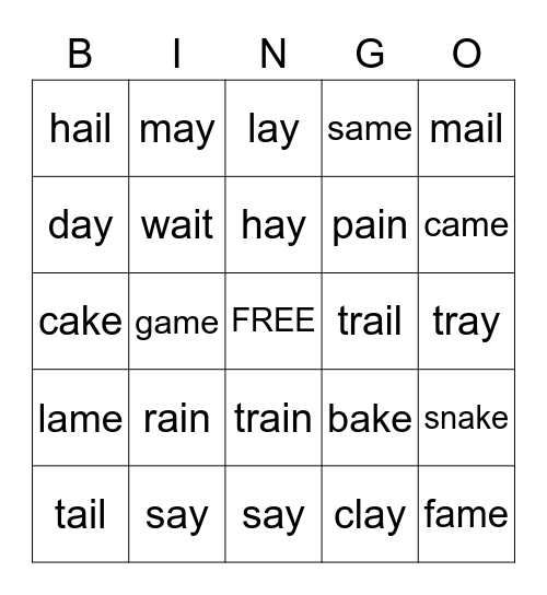 Long a (a-e, ai, ay) Bingo Card