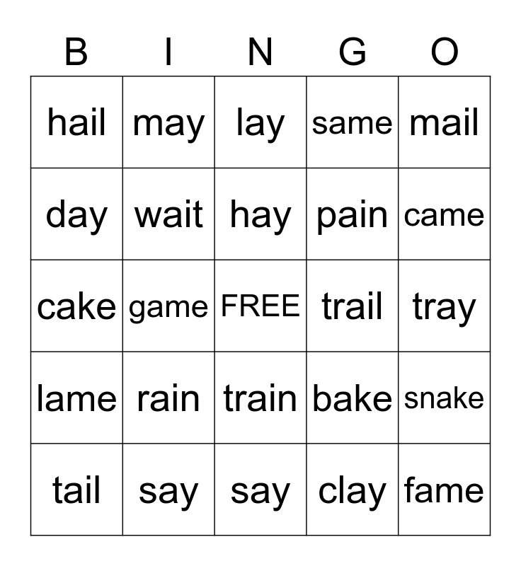 Long a (a-e, ai, ay) Bingo Card
