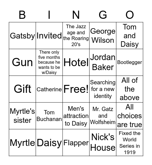 Great Gatsby Bingo Card