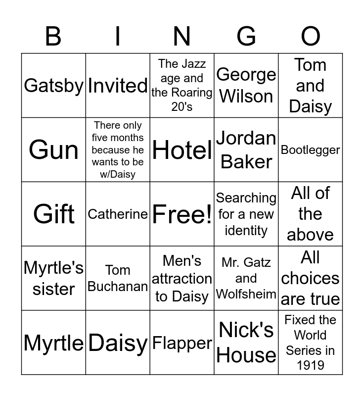 Great Gatsby Bingo Card