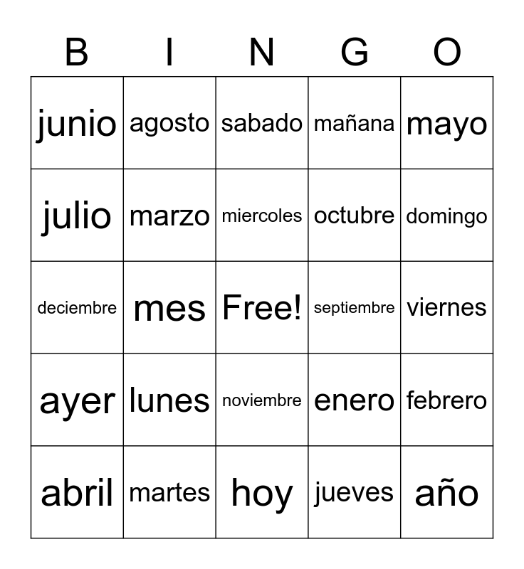 Los meses del año y días de la semana Bingo Card
