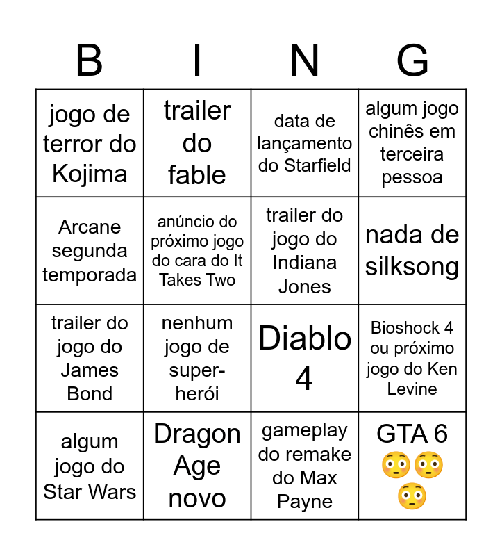 Game Awards Bingo Card