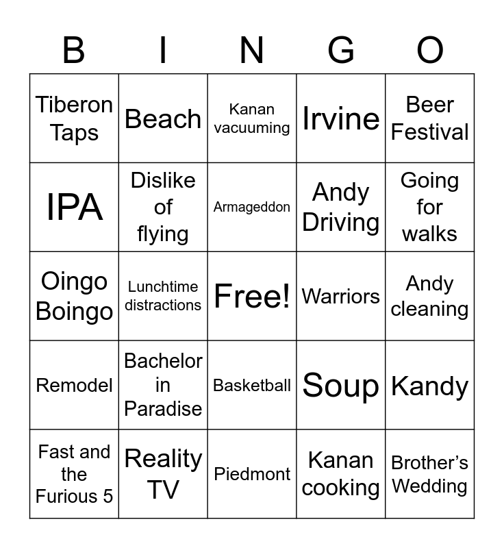 Congrats Kanan and Andy!! Bingo Card
