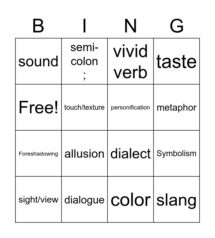 Writing Techniques Bingo Card Writing Techniques Bingo Card