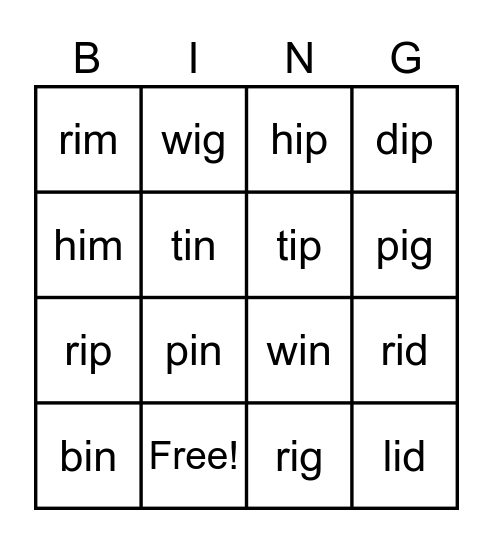 Short I- CVC Bingo Card
