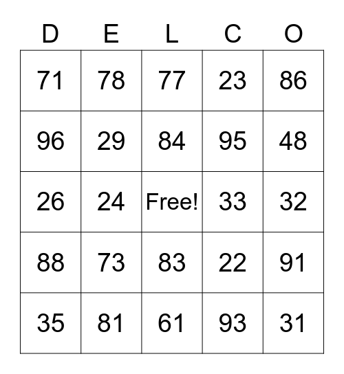 Delcom Car Numbers Bingo Card
