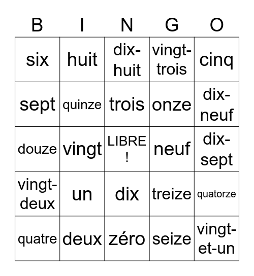 Les Nombres Bingo Card