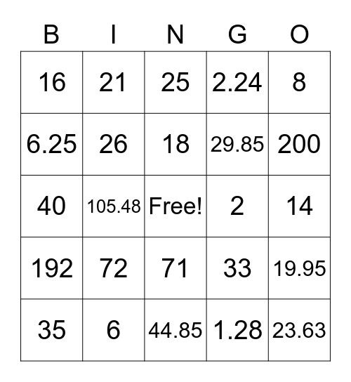 Percent Bingo 7th Grade Bingo Card