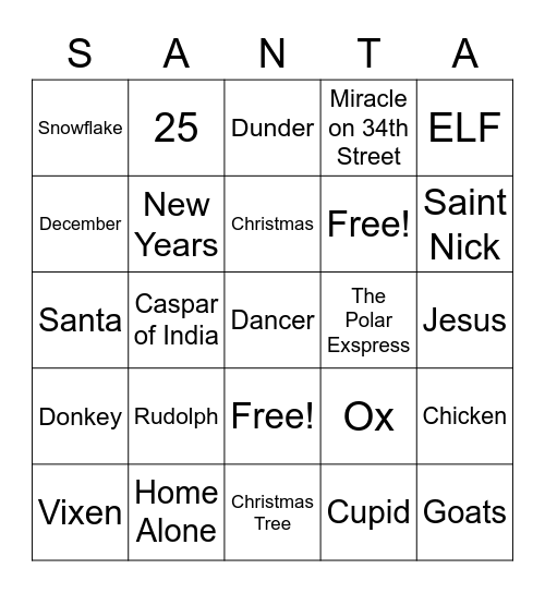 SCR Christmas Santa Bingo Card