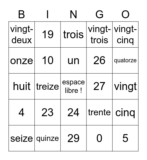 Les Nombres Bingo Card