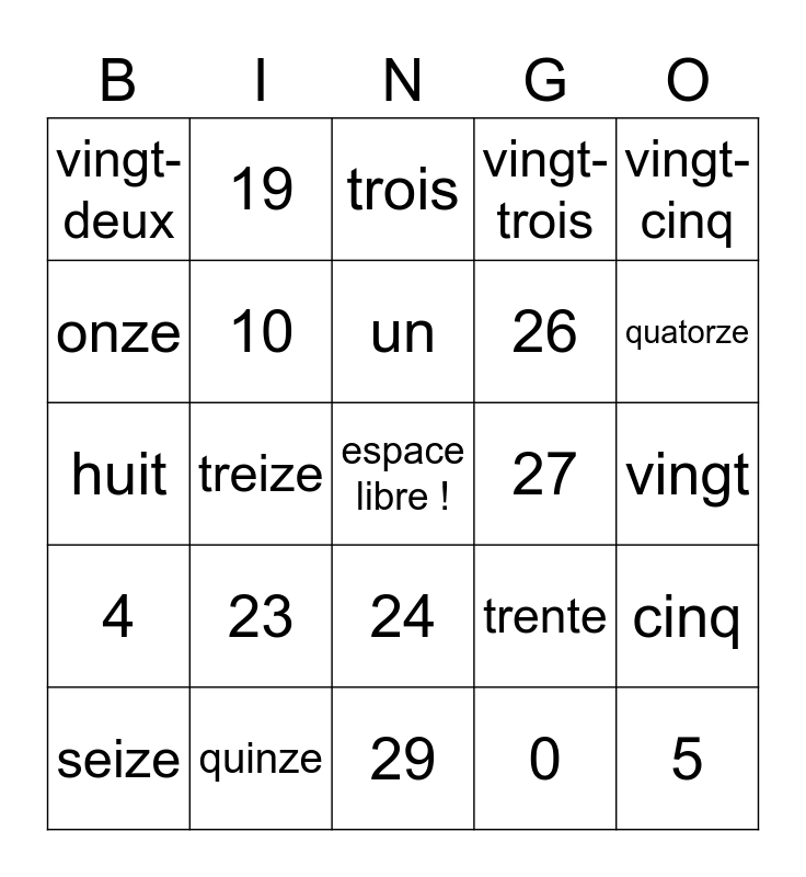 Les Nombres Bingo Card